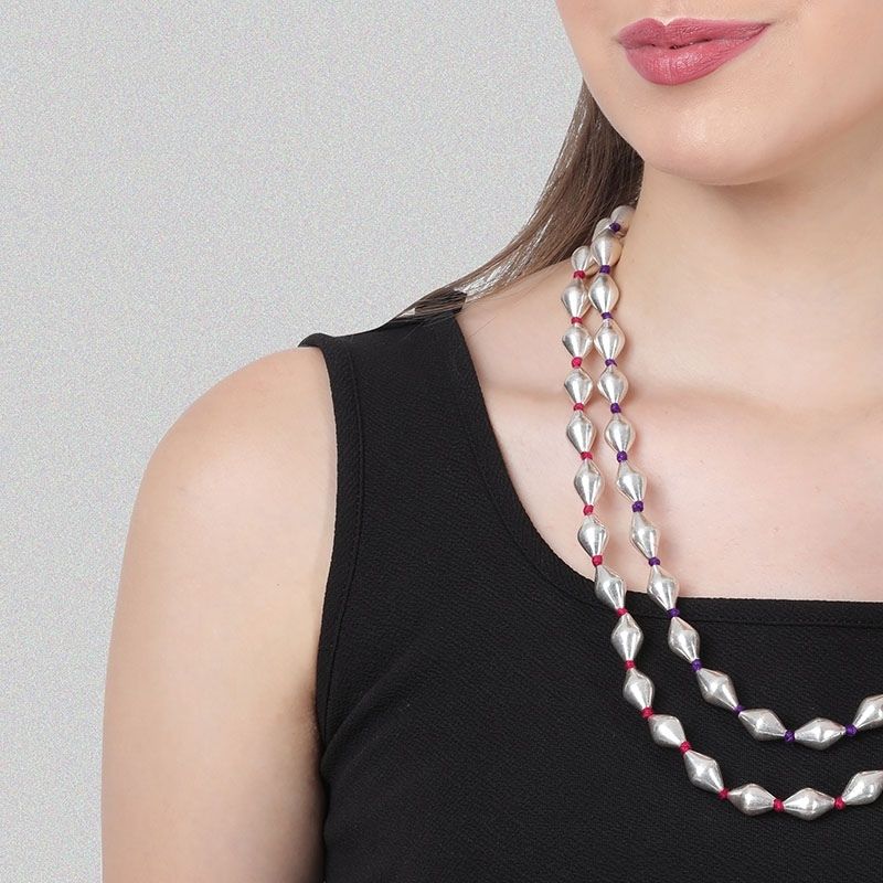 Silver Dholki Bead Necklace Pink Purple double string